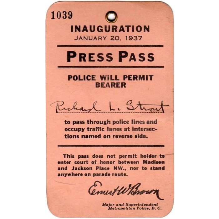 1937 Franklin Roosevelt Press Pass
