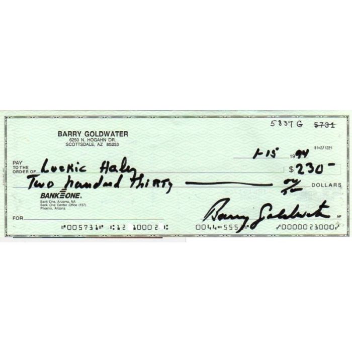 Barry Goldwater 1994 Signed Autograph Check